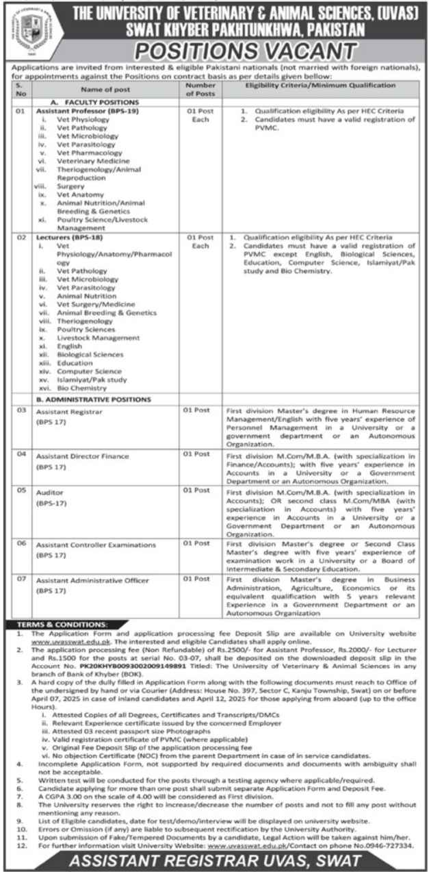 Jobs In University Of Veterinary & Animal Sciences (UVAS), Swat, 2025