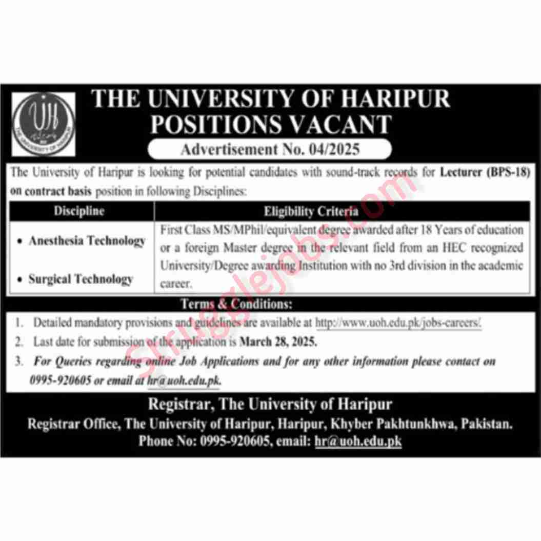 Jobs at the University of Haripur 2025