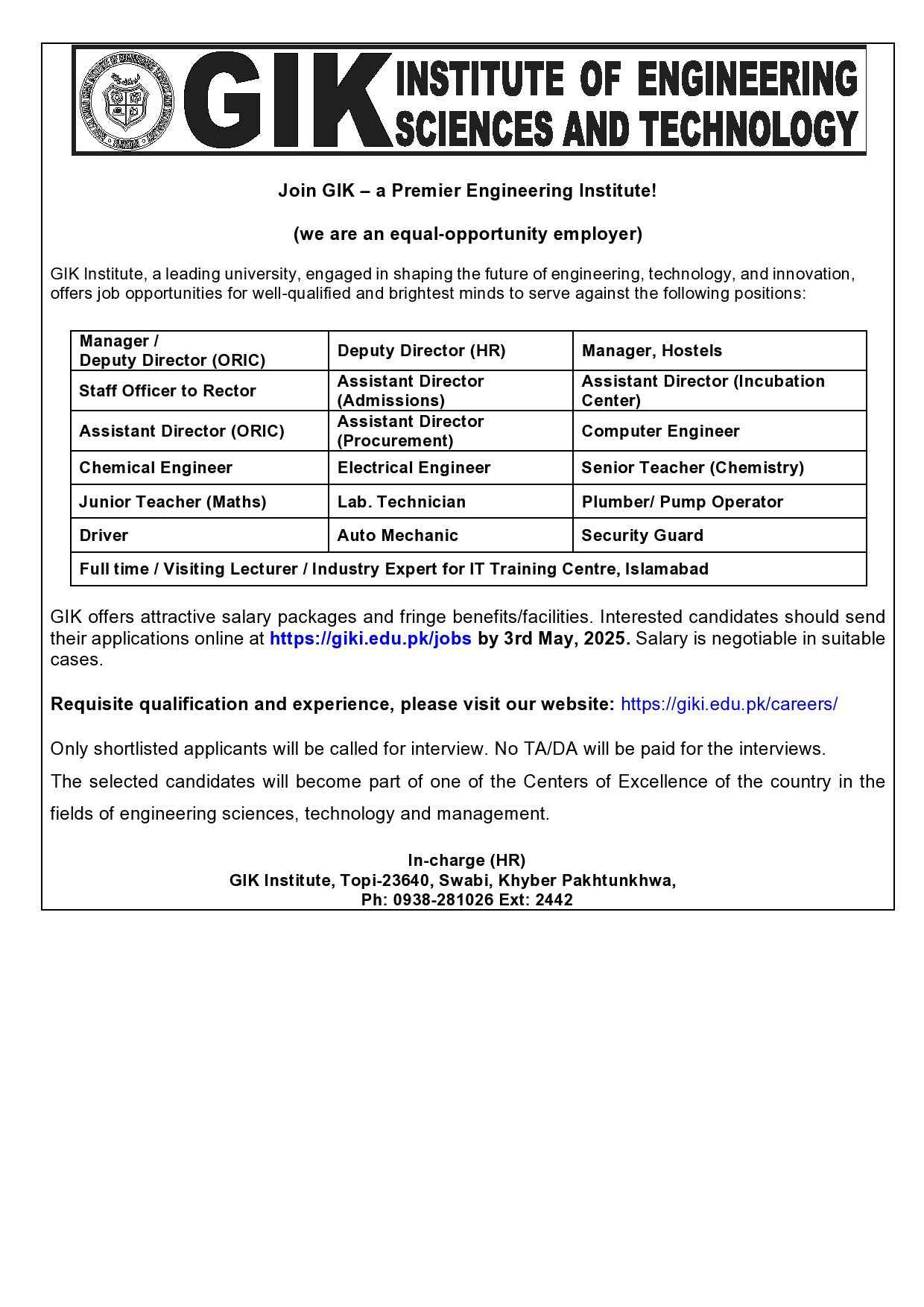 Jobs in GIK Institute Of Engineering Sciences & Technology