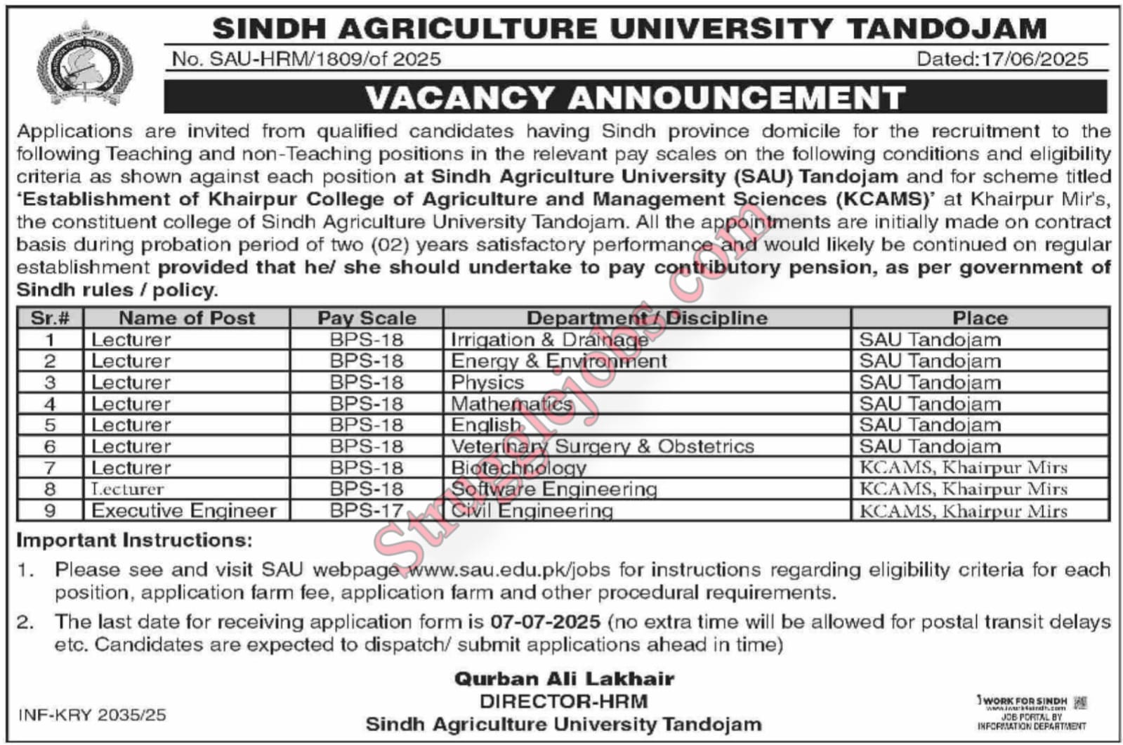 Jobs in Sindh Agriculture University
